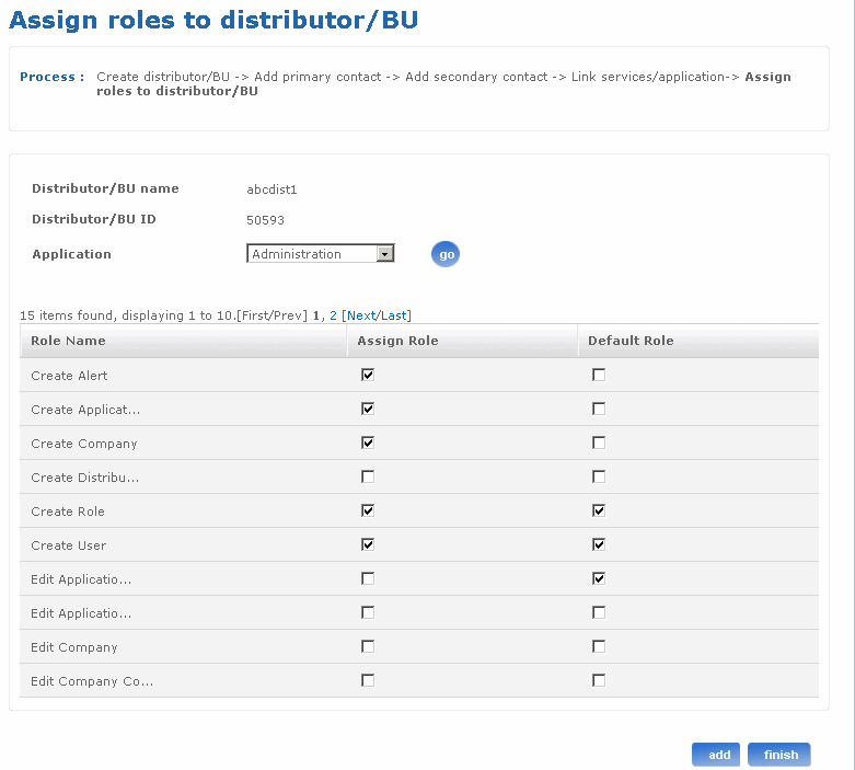 Assign application roles to a distributor/BU screen