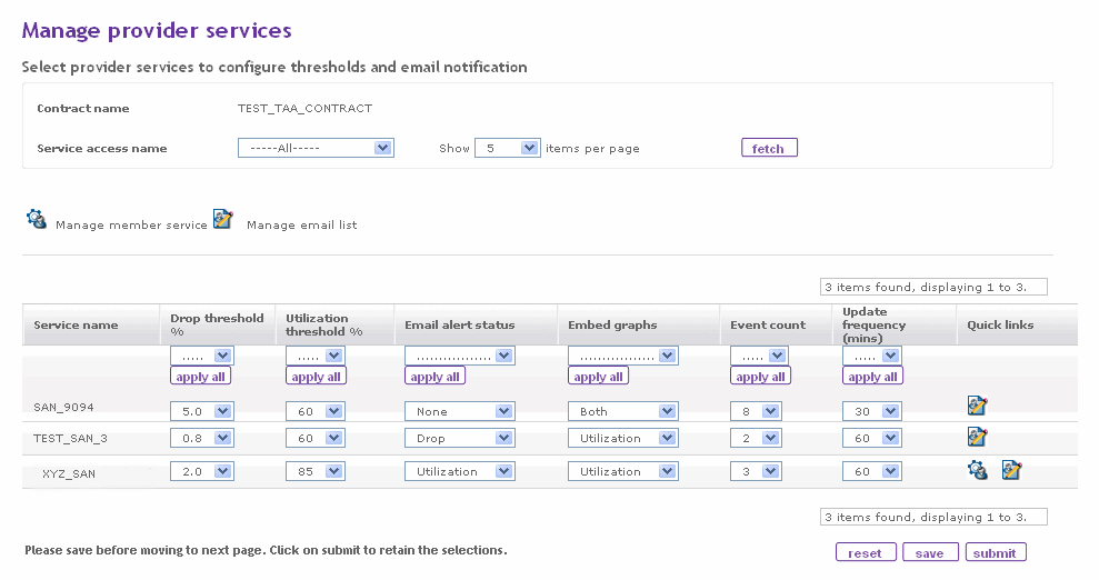 The Manage Provider Services screen details: