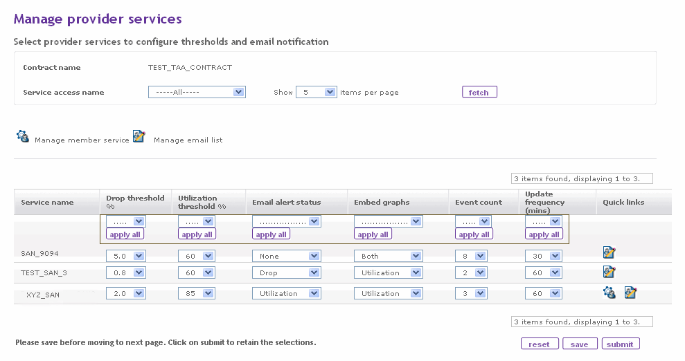 The Manage Provider Services screen details: