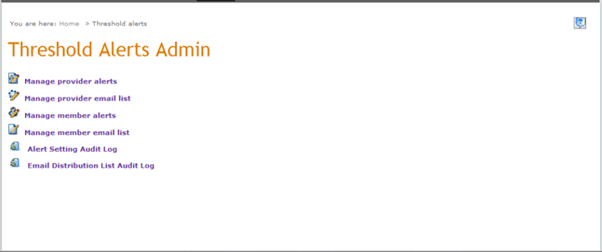 The following Links are available on the Threshold alerts admin screen: